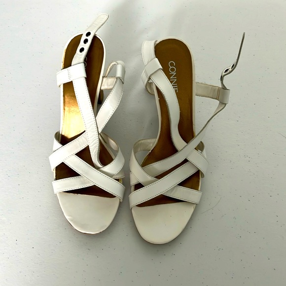 Connie | Shoes | Connie White Leather Man Made Cork Heeled Sandals 95 ...
